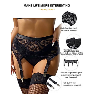 comeondear Lace Garter Belt for Women, High-Waisted Plus Size Garter Belts Set with Black Fishnets Thigh High Stockings and 4 Metal Clip Elastic Suspenders Black M-L