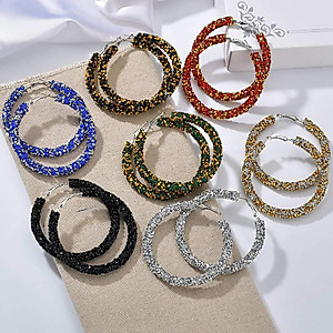 Aimimier Bridal Crystal Hoop Earrings Sparkling Rhinestone Large Round Loop Earrings Crystal Paved Wedding Prom Party Festival Jewelry for Women(Black and gold)