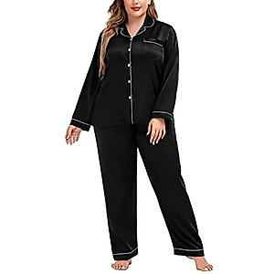 SWOMOG Plus Size Pajamas Long Sleeve Pajama Set Silk Pj Set Button Down Sleepwear Bridesmaid Pjs Satin Pajama Set 18W Black