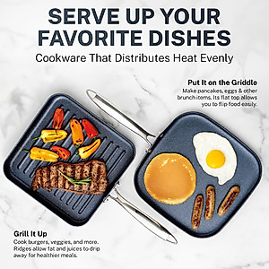 Granitestone 2 Pack Nonstick 10.5” Grill Pan + Flat Griddle Pan for Stove Top with 3x Coated Surface Perfect for Eggs Pancakes Steaks and More, Stove Top Griddle for Gas Grill, Oven Safe, PFOA Free
