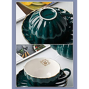 Amazingware Porcelain Tea Set - Tea Cup and Saucer Set Service for 6, with 28 ounces Teapot Sugar Bowl Cream Pitcher Teaspoons and Tea Strainer - for Thanksgiving - Pumpkin Fluted Shape, Dark Green