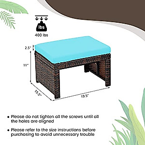 RELAX4LIFE 2-Piece Wicker Outdoor Ottoman - Set of Two Wicker Ottomans Footstool Footrest for Patio with Soft Cushions, Outdoor Pouf for Garden, Poolside and Backyard (Turquoise)