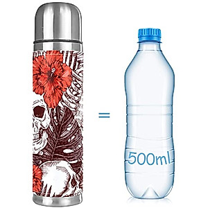 Tropical Vintage Skull Stainless Steel Water Bottle, Leak-Proof Travel Thermos Mug, Double Walled Vacuum Insulated Flask 17 OZ