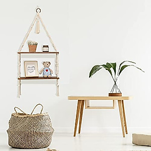2 Tier Macrame Boho Wall Hanging Shelf, Handmade Bohemian Wooden Woven Plants Floating Shelves Decor, Decorative Chic Rope Crystal Holder Organizer for Bathroom Bedroom Kitchen Home Nursery Storage