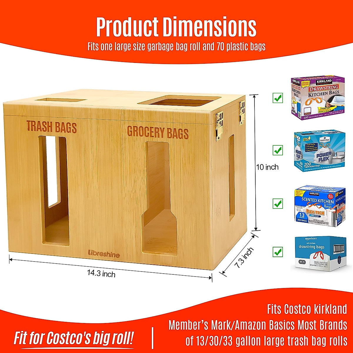 Libreshine Libreshine 2 In 1 Extra Large Trash Bag Organizer and Grocery Bag Holder, Fits Costco Large Garbage Bag Roll, Kitchen Bamboo Grocery Bag Dispenser Wall Mount