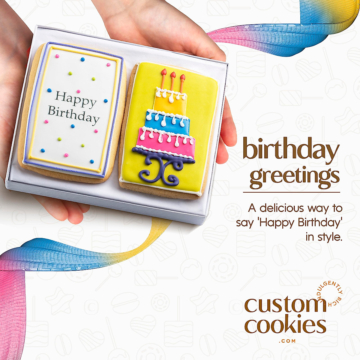 Gourmet Happy Birthday Cookie Gift Basket | 2 Large 2.5 x 4.5 in Vanilla Sugar Cookies Hand-Decorated Snack Variety Pack | Kosher B-Day Bakery Care Package For Women, Men Boys & Girls | Prime Delivery