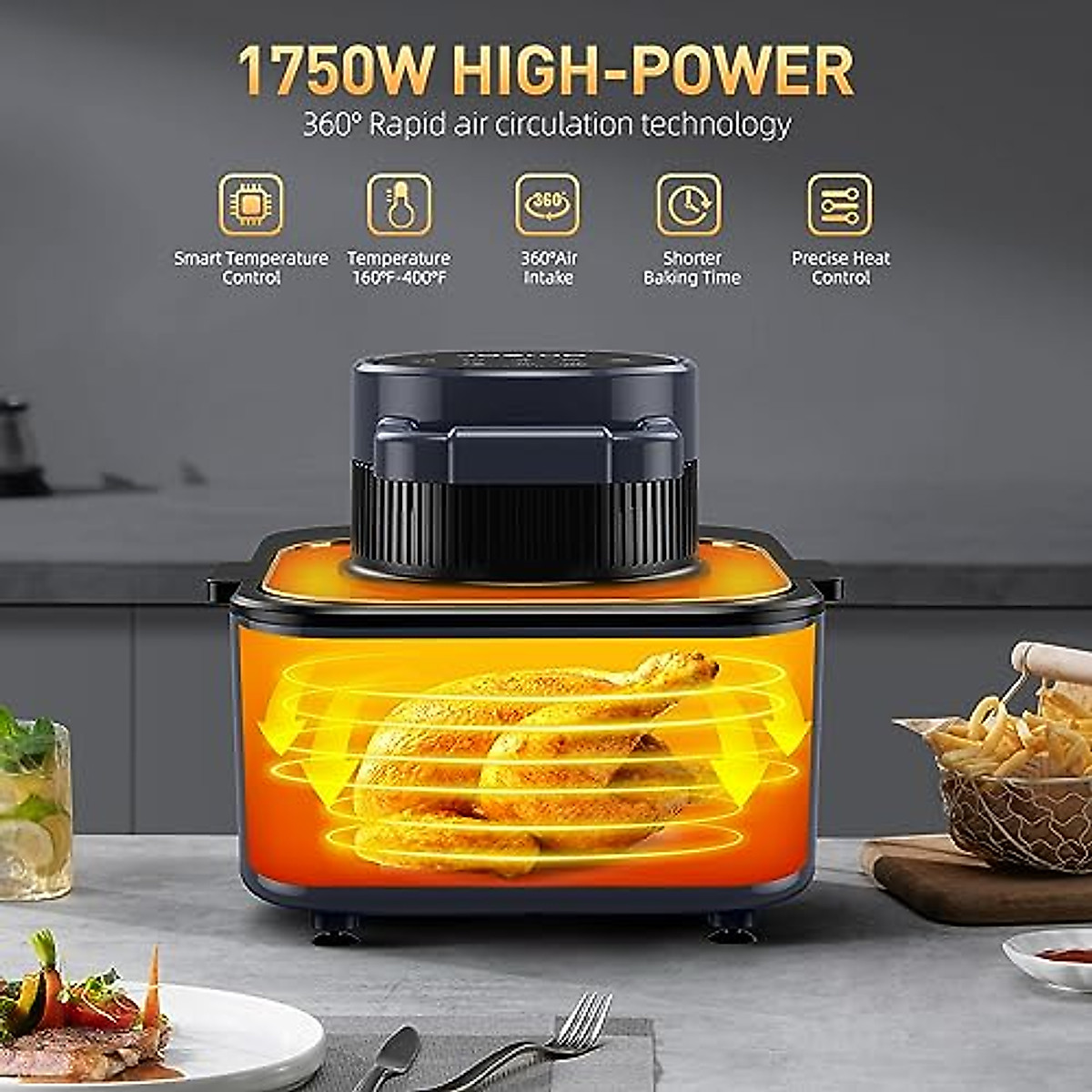 Air Fryer, 1750W 8Qt Visualized Airfryer with Non-stick and Dishwasher-Safe Basket, Healthy Cooking 85% Oil Less, 6-in-1 Low-noise Airfryer that Roast, Bake, Broil, Dehydrate, Reheat