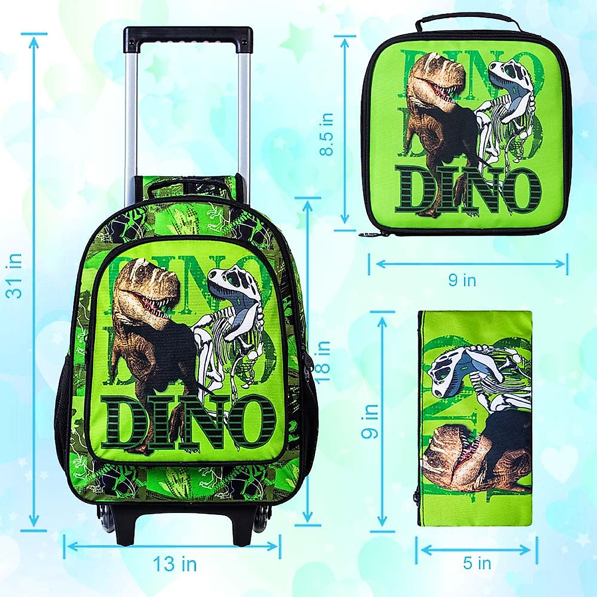 CCJPX 3PCS Kids Rolling Backpack Boys, Dinosaur School Bookbag with Wheels, Roller Wheeled Backpacks for Toddler Elementary