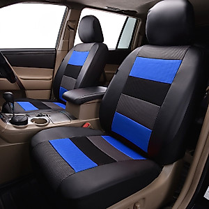 Flying Banner Car Seat Covers Full Set Front Seats and Rear Bench Black Leather and Red Fabric Mesh Cover Breathable Black with Blue Color (Blue)