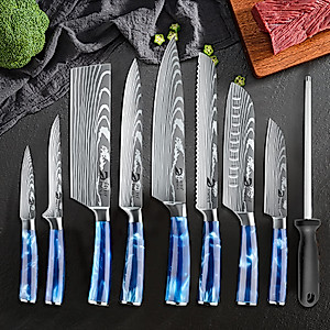Dfito Chef Knife Sets with Roll Bag, 9 Pieces Professional Knife Set, High Carbon Stainless Steel Kitchen Chef Knife Set, Red Pakkawood Handle, Dishwasher Safe