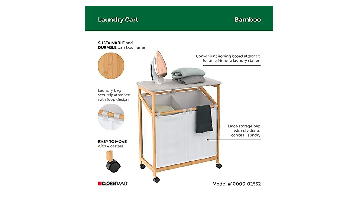 ClosetMaid Bamboo Laundry Hamper Cart with Ironing Station