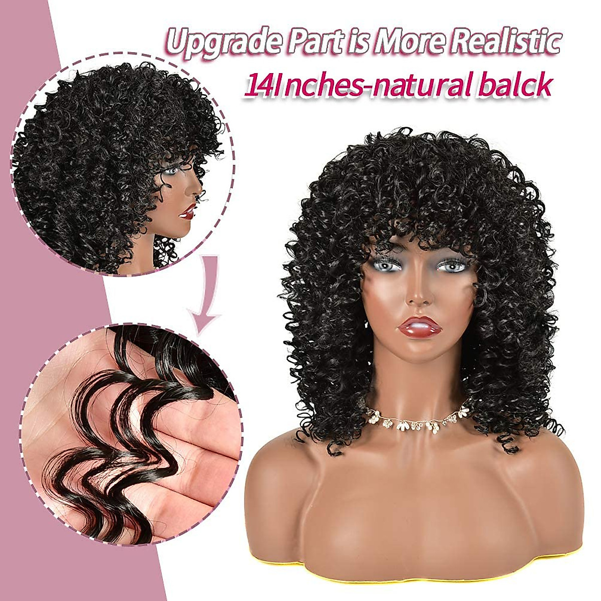 rosmile Curly Wigs for Black Women - Natural Black Synthetic African American Full Kinky Curly Afro Hair Wig with Bangs