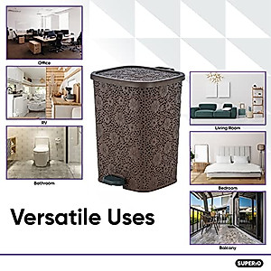 Compact Plastic Step-On Trash Can, Indoor and Outdoor Waste Bin with Foot Pedal, Brown Decorative Garbage Bin with Lace Design, 6 Qt Small Trash Can for Kitchen, Bathroom, Bedroom, Patio, Yard