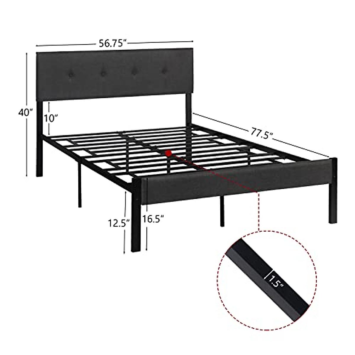 LTMEUTY Full Bed Frame - Metal Platform Bed Frame, Mattress Foundation with Upholstered Headboard, for Boys, Teen, Young, Metal Support and No Box Spring, Gray