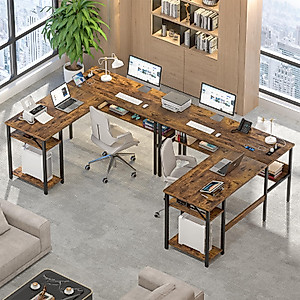 Hyomdeck Reversible L Shaped Computer Desk with Power Outlets and USB Charging Ports, Sturdy Corner Desks with Storage Shelf, Modern Work Gaming Table for Home Office, Easy to Assemble, Rustic Brown