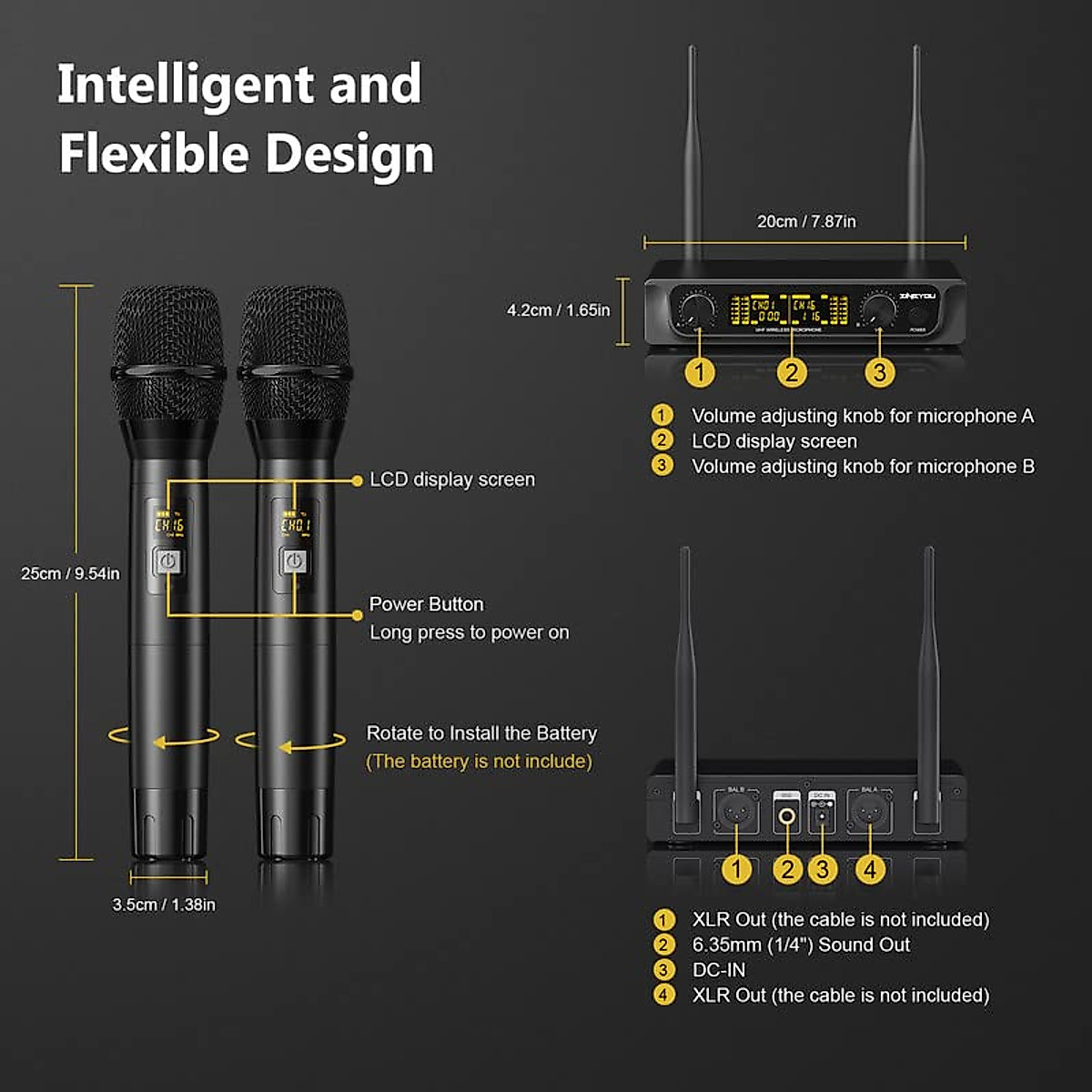 ZINGYOU Wireless Microphone System, UHF Professional Dual Handheld Dynamic Cordless Microphone Set with LCD Display, Suitable for Karaoke, Party Singing, Meeting, Church, and Home KTV Set, S2 (Black)