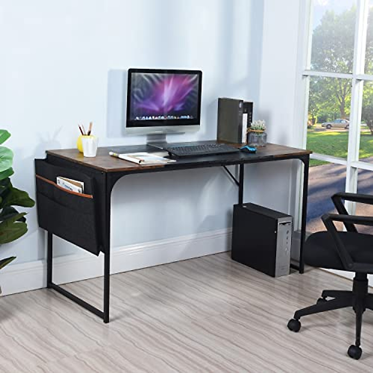 Homy Casa Inc Dembe KD 140CM Fabric Computer Desk, Writing Table, Black, Brown, 55 inch