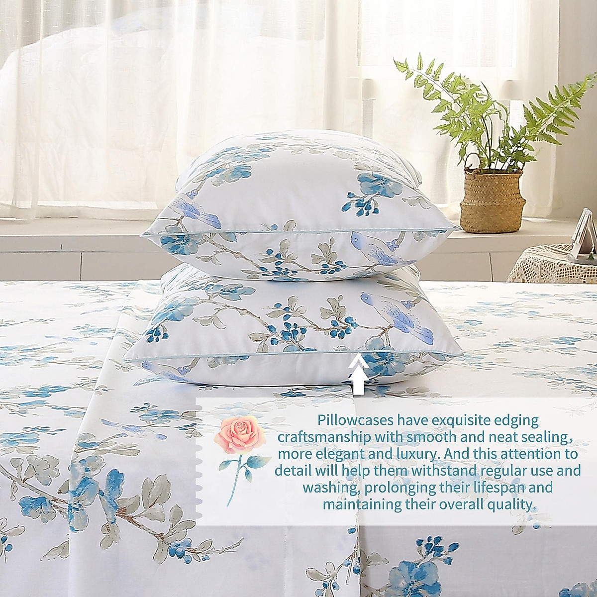 RYNGHIPY Flowers and Birds Sheet Sets Queen Size, Botanical Floral Egyptian Cotton Bedding Sheets, Shabby Cotton Sheets with Pillowcases Extra Breathable 4Pcs (Cyan,Queen Size)