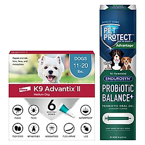 Bundle of K9 Advantix II Medium Dog 11-20 lbs. 6-Mo Supply + Pet Protect Probiotic Balance+ Dog Supplement | Oral Gel | 32g