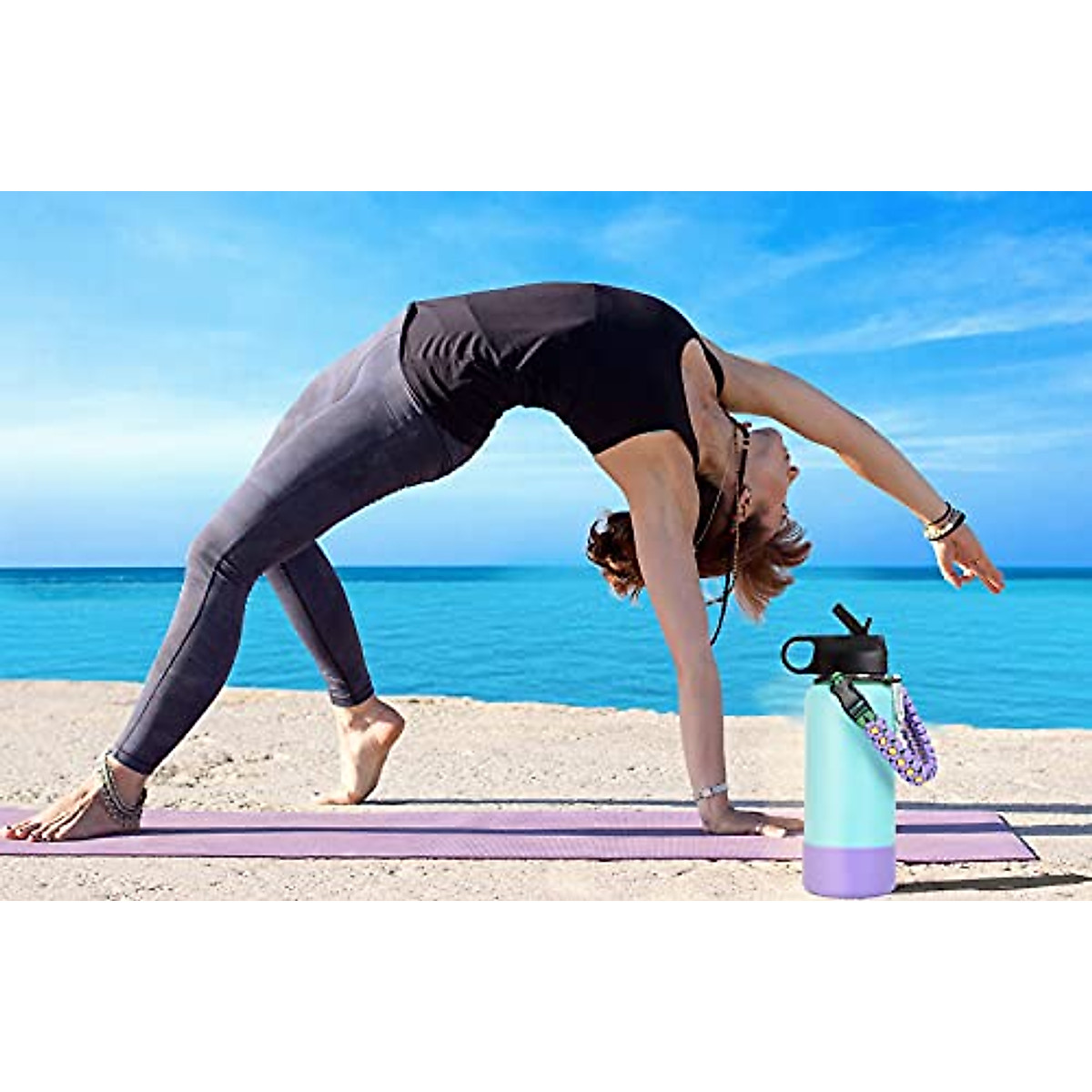 LX-SUNCX Paracord Handle and Silicone Sleeve Boot Compatible with Hydro Flask Wide Mouth Water Bottle (Daisy-Purple w/Compass+Whistle+Firestarter, 32oz-40oz)