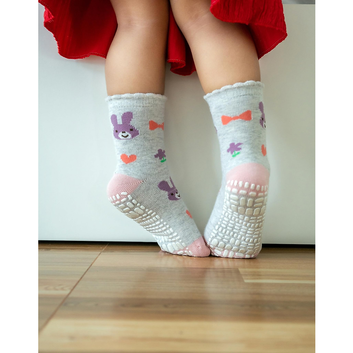 RATIVE Non Skid Anti Slip Cotton Dress Crew Socks with Grips for Baby Infant Toddler Kids Girls (3-5T, RG-820821)
