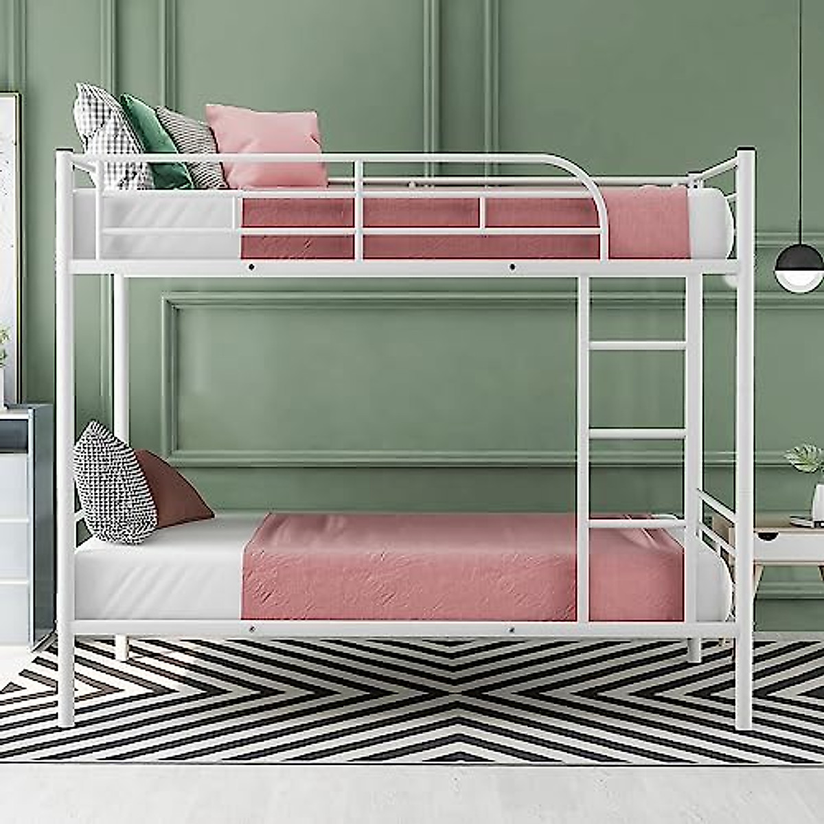 Twin Over Twin Metal Bunk Bed with Ladder and Safety Guard Rail,Heavy Duty Bunk Beds with Metal Slats for Kids Teens Adults, No Box Spring Required/Space-Saving/Noise Free/Easy Assembly (White)
