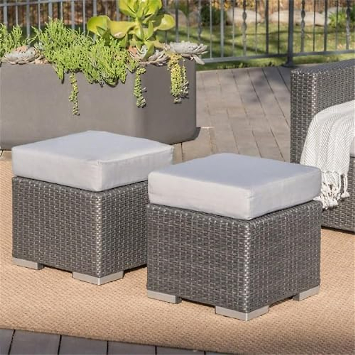 GDFStudio Outdoor 16 Inch Grey Wicker Ottoman Seat with Silver Water Resistant Cushion (Set of 2)