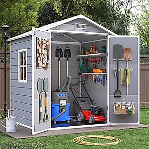 VONZOY Outdoor Resin Storage Shed, 6x4.5FT Plastic Storage Sheds with Floor, Lockable Door, Window, Waterproof Tool Sheds & Outdoor Storage Outside for Bike, Garbage Can,Garden, Grey White