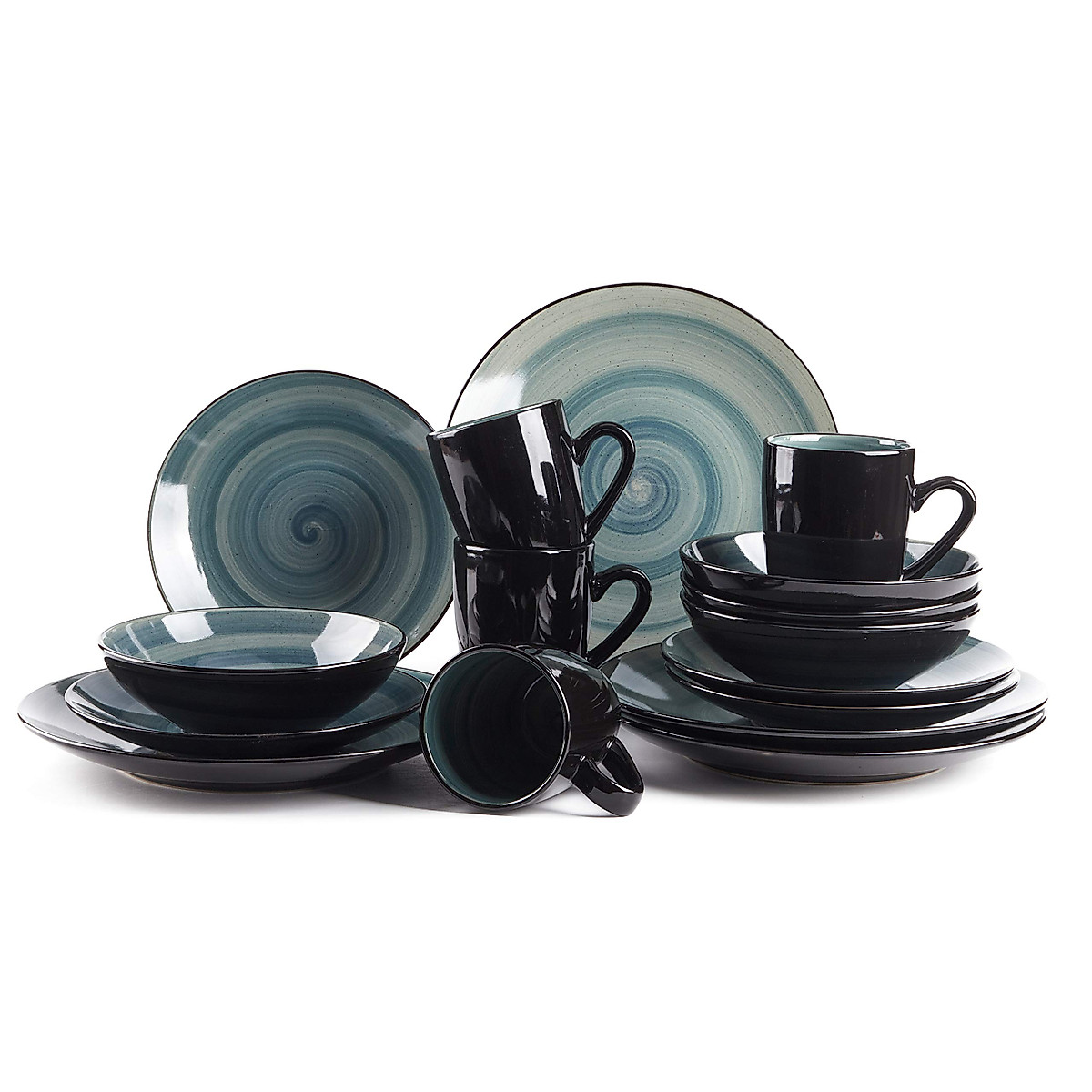 HomeVss, Stoneware Sonoma 16pc Dinnerware Set, Black + Speckled Spin Wash Blue