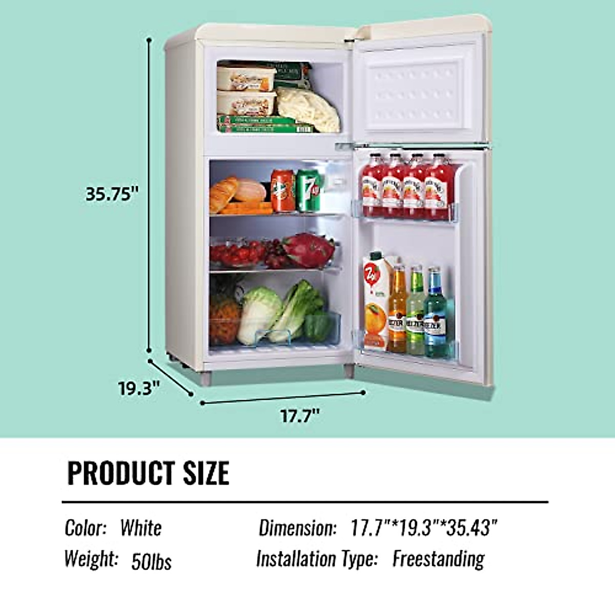 DEMULLER Retro Mini Refrigerator 3.5 CU.FT Dual Door Fridge with Handle Removable Glass Shelves 7 temperature control levels for Dorm, Office, Bedroom