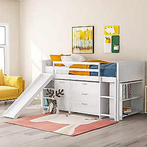 Harper & Bright Designs Twin Loft Bed with Slide and Storage, Solid Wood Low Loft Bed with Attached Bookcases and Separate 3-tier Drawers, for Kids Girls Boys (White)