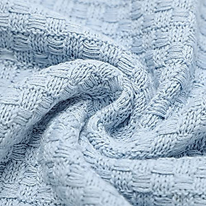 LAWKUL Cable Knit Baby Blanket 100% Cotton Blue Receiving Infant Swaddle Nursery Blankets Crochet Neutral Newborn Boy Girls