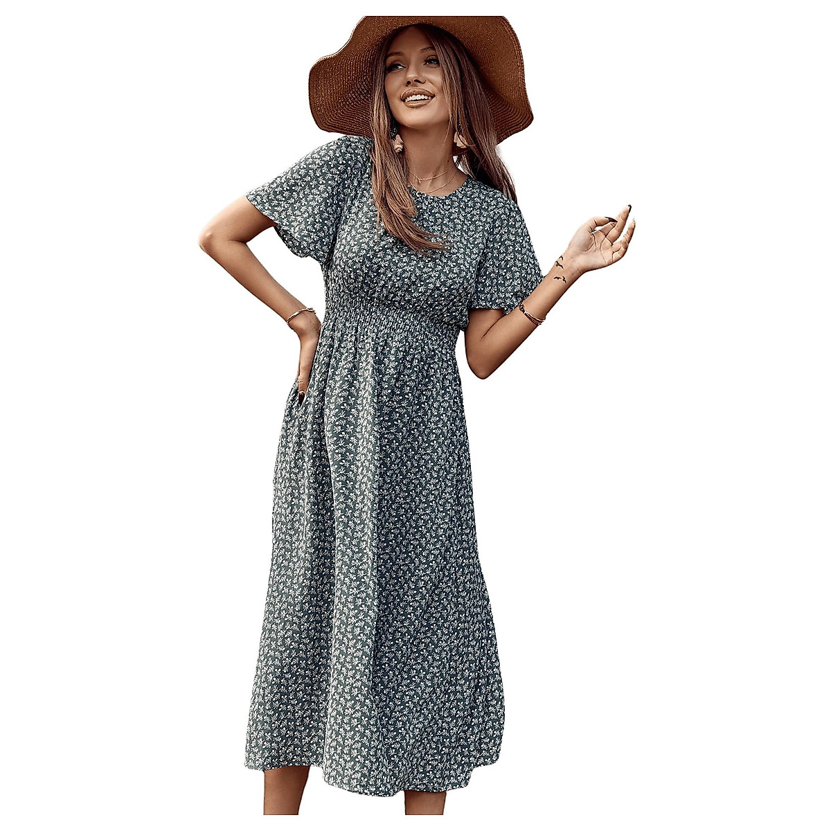 Floerns Women's Casual Floral Print Crewneck Short Sleeve A Line Boho Maxi Dress Green Multi L