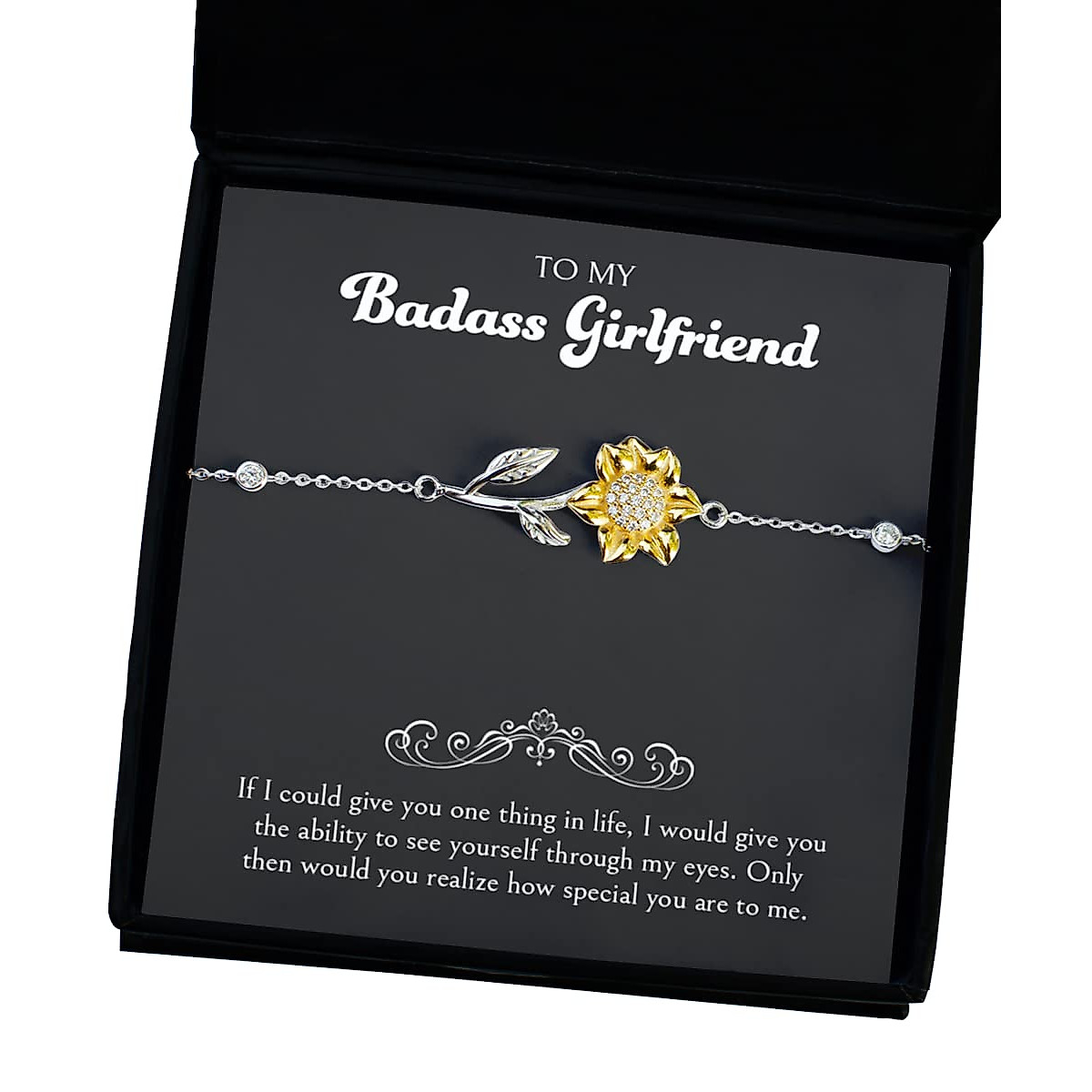 Valentine's Day Presents for Girlfriend, Bracelet for Girlfriend, Girlfriend Birthday Cute Gifts, Romantic Gift Ideas for Her, To My Badass Girlfriend 925 Sterling Silver Sunflower Bracelet For Women