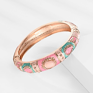 UJOY Vintage Cloisonne Jewelry Bracelet Gold Plated Handmade Bead Rhinestones Enamel Spring Cuff Bangles 2 Pcs Set for Womens Gift 7734-55A67 pink green
