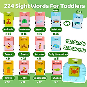RAEQKS Learning Toys for Toddler Talking Flash Cards Educational Game for Kids 2 3 4 5 6 Years Audible Learning Resource with 224 Sight Words Preschool Montessori Toy Gift for Kindergarten Boys Girls