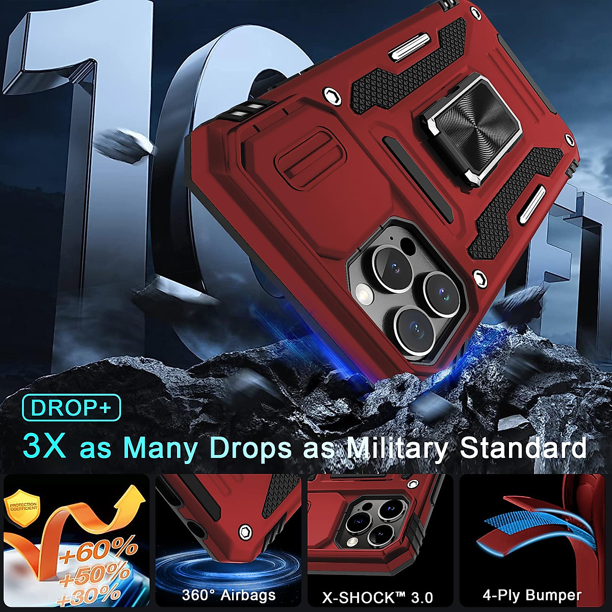 DEERLAMN for iPhone 13 Pro Max Case with Slide Camera Cover+Screen Protector(1 Pack),Rotated Ring Kickstand Military Grade Shockproof Protective Cover 6.7 Inch-Red