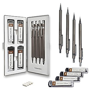 MozArt Mechanical Pencil Set with Case - 4 Sizes: 0.3, 0.5, 0.7 & 0.9mm with 30 HB Lead Refills Each & 4 Eraser Refills - Sketching, Architecture, Drawing Mechanical Pencils, Metal Mechanical Pencil