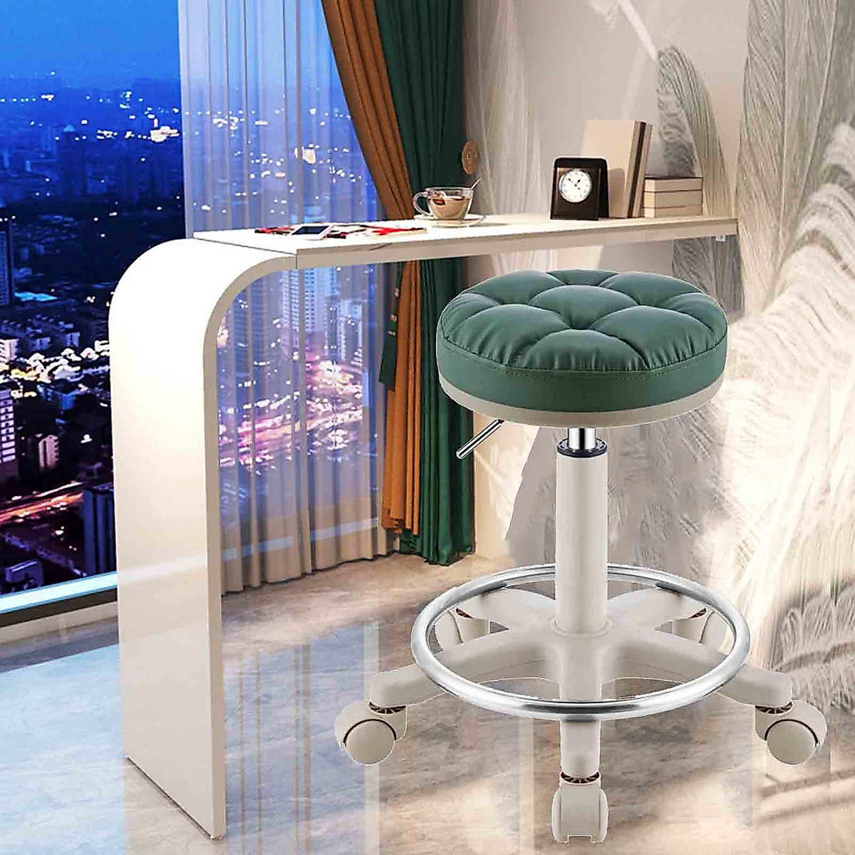LWBLJX Round Roll Bar Stool with 360° Swivel Wheels, Medical Counter Beauty Salons Adjustable Chair, PU Leather and Stainless Steel Foot Pedals(Color:Green)