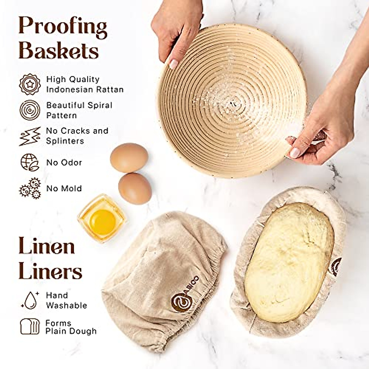 Banneton Bread Proofing Basket Set of 2 with Sourdough Bread Baking Supplies - A Complete Bread Making Kit Including 9" Proofing Baskets, Danish Whisk, Bowl Scraper, Dough Scraper, & Bread Lame
