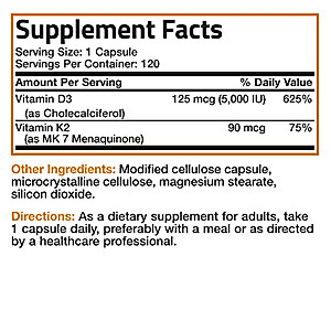 Bronson Vitamin K2 (MK7) with D3 Supplement Non-GMO Formula 5000 IU Vitamin D3 & 90 mcg Vitamin K2 MK-7 Easy to Swallow Vitamin D & K Complex, 120 Capsules