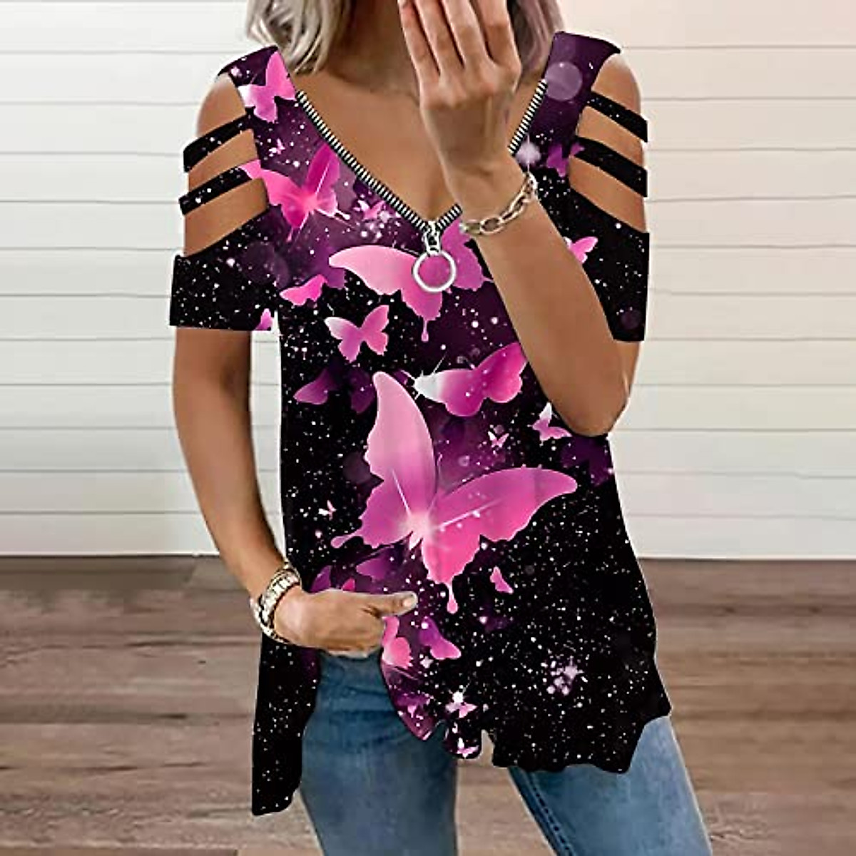 Womens Fashion Zipper Strapless Short Sleeve Butterfly Print T Shirt Short Sleeve