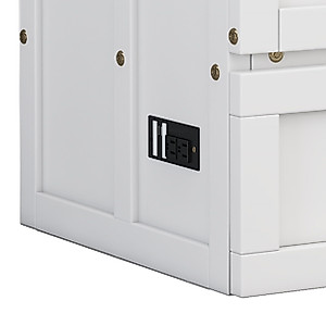 Merax Queen Murphy Bed with Storage & Charging Station, Farmhouse Solid Wood Murphy Cabinet with Foldable Panel, Noisy Free, for Guest Bedroom, Living Room, Office, White+Walnut