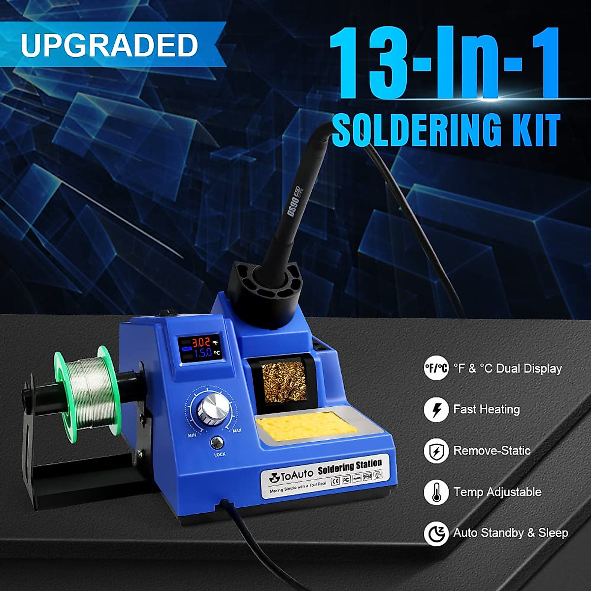 TOAUTO DS90 Soldering Station-°F & °C Dual Digital Display Soldering Iron Station Kit,90W Soldering Iron,302℉- 842℉ Temperature, Anti-Static & Grounding Wire, Auto Standby & Sleep,5 Solder Tips, Blue