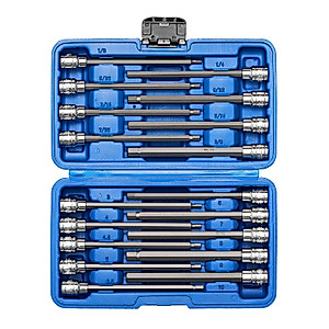 EMENTOL 18PCS 3/8" Drive Long Hex Bit Socket Set, CR-V, S2 Steel, SAE/Metric, Extra Long Allen Hex Bit Socket Set, 1/8 Inch - 3/8 Inch, 3mm - 10mm