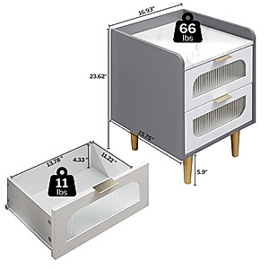 SICOTAS Night Stand with 2 Drawers, Modern Wood Nightstand Fluted Tempered Glass Marble Bed Side Table with Storage Large End Tables with Gold Legs for Bedroom Living Room, White and Grey