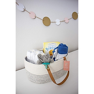 PeachyKehn Rope Baby Diaper Caddy Organizer – Trendy Nursery Storage Bin – Large Woven Cotton Tote with Removable Inserts and Eco Leather Handles – Baby Car Organizer or Shower Gift Basket