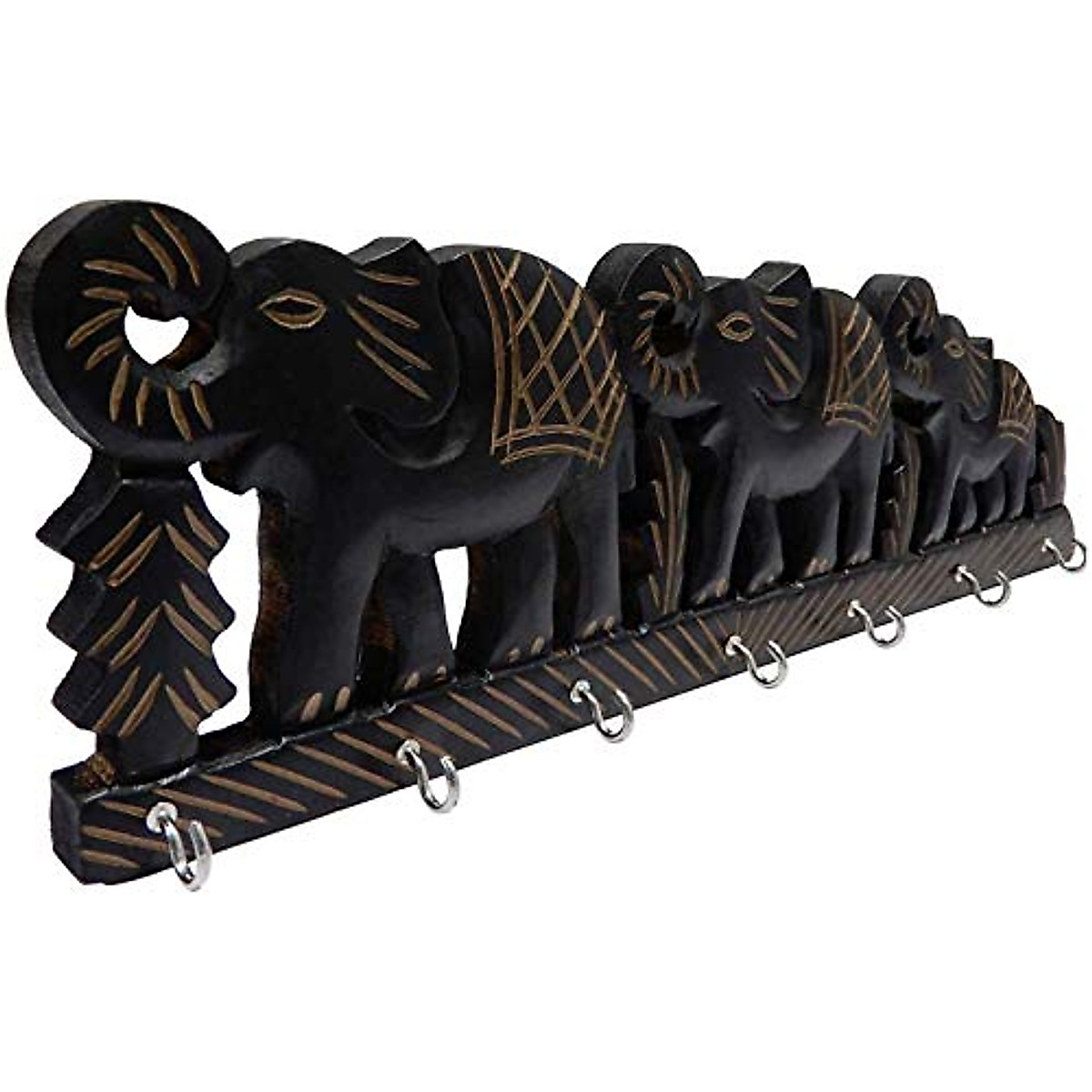 Earthly Home Wooden Key Holder- Triple Elephant Design-Decorative Wooden Wall Organizer for Keys-Wooden Key Holder-Wall Key Holders-Key Hook-Home Decor Item-Key Organizer-Antique Design-Length-14 Inch