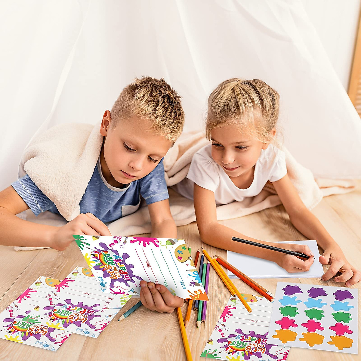 Pajean 24 Set Art Painting Party Invitations with Envelopes Colorful Birthday Invitation Cards Paint Themed Invitation Letters Paint Fill in Invites with 30 Stickers for Art Party Supplies