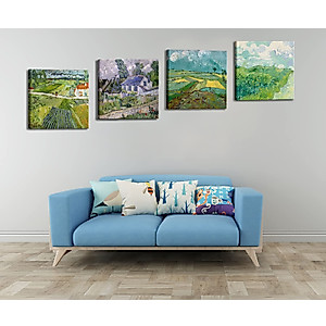 Landscape with a Carriage by Vincent Van Gogh Classic Oil Paintings Artwork, Green Wheat Fields, Houses at Auvers Canvas Wall Art Print for Living Room, Bedroom Office Bathroom Decor - 12"x12"